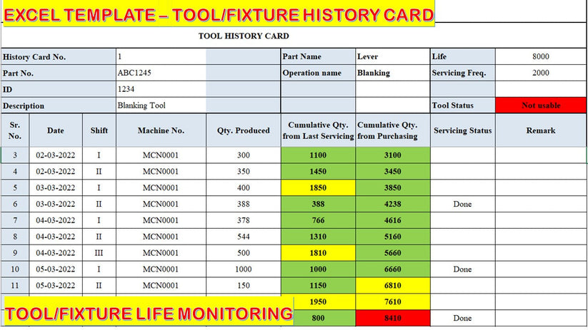 Excel template - tool/fixture history card – Smart Office Template (INR)